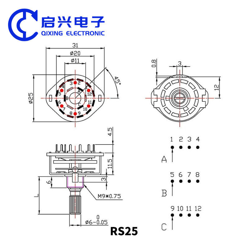 RS25 Industrial Potentiometer Rotary Switches 2 Pole 4 Position